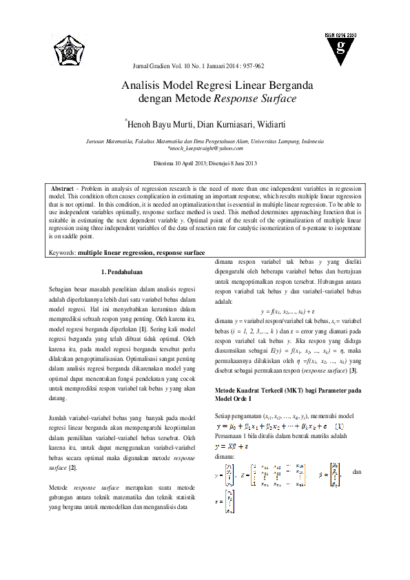 (PDF) Analisis Model Regresi Linear Berganda dengan Metode Response Surface