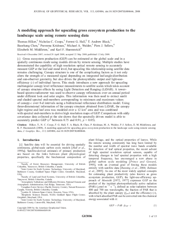 Pdf A Modeling Approach For Upscaling Gross Ecosystem Production To The Landscape Scale Using