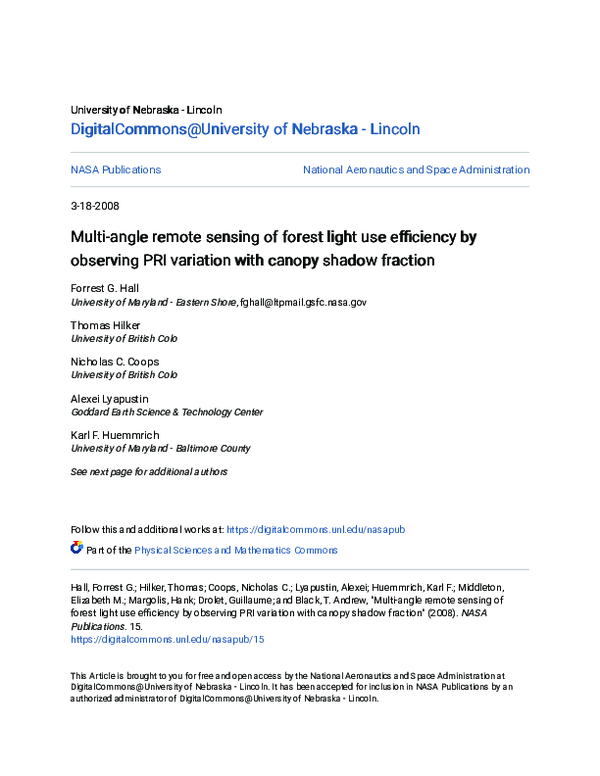 Pdf Multi Angle Remote Sensing Of Forest Light Use Efficiency By Observing Pri Variation With