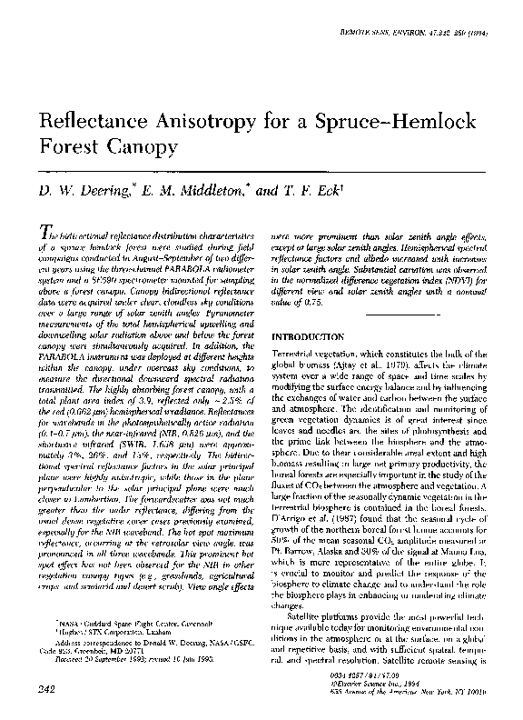 (PDF) Reflectance anisotropy for a spruce-hemlock forest canopy