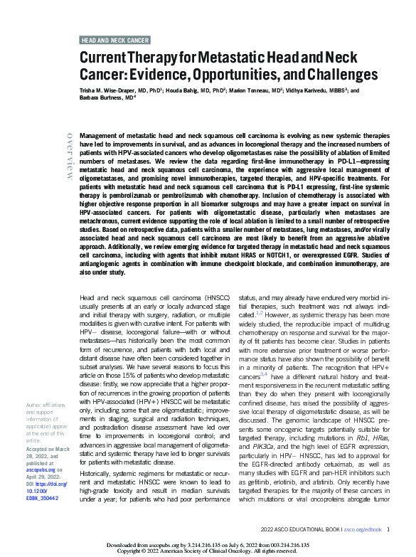 (PDF) Current Therapy for Metastatic Head and Neck Cancer: Evidence ...