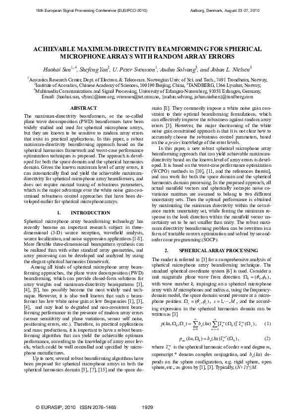 Pdf Achievable Maximum Directivity Beamforming For Spherical Microphone Arrays With Random