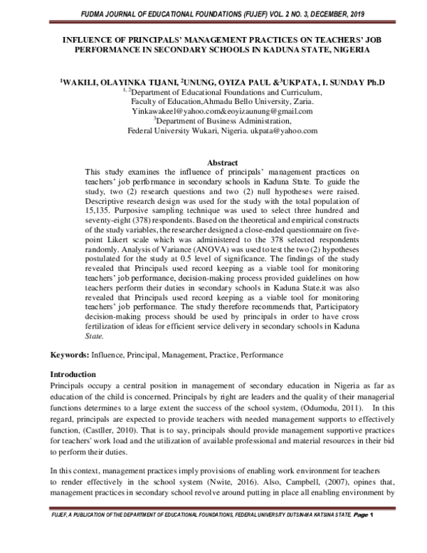 (PDF) Influence of Principals’ Management Practices on Teachers’ Job Performance in Secondary ...