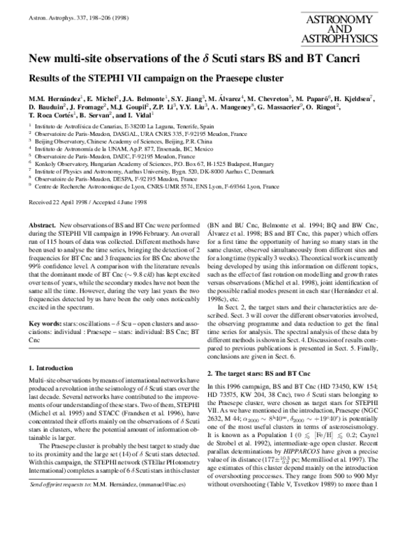 (PDF) New multi-site observations of the delta Scuti stars BS and BT Cancri. Results of the ...