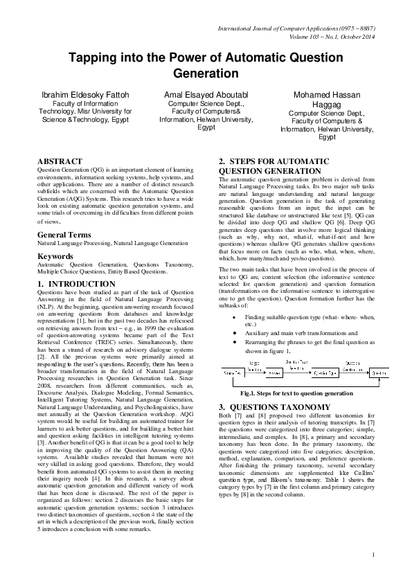 (PDF) Tapping into the Power of Automatic Question Generation