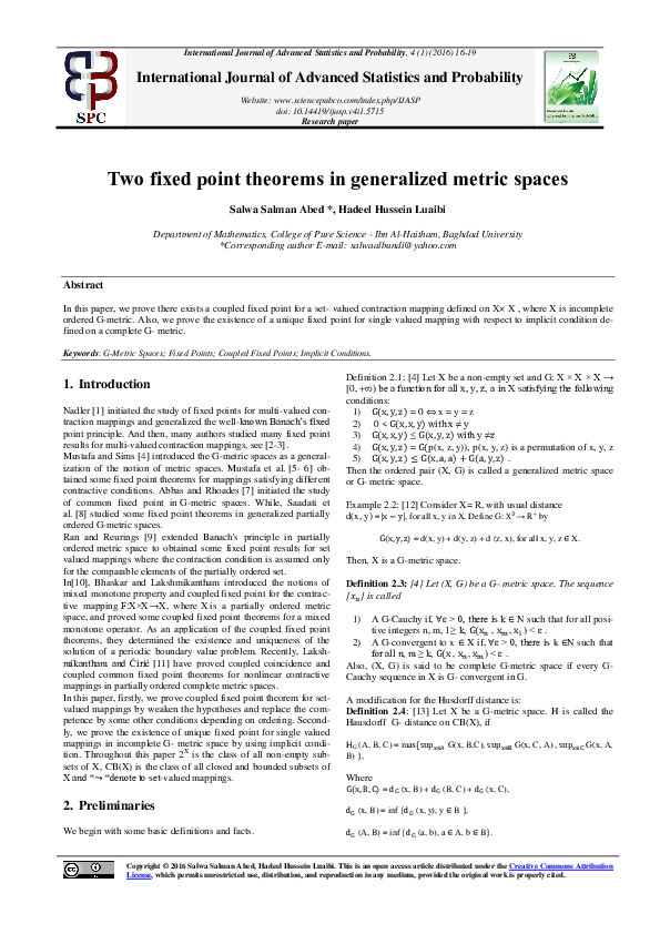 (PDF) Two fixed point theorems in generalized metric spaces