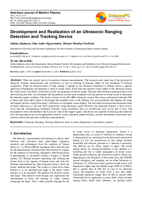 (PDF) Development and Realization of an Ultrasonic Ranging Detection and Tracking Device