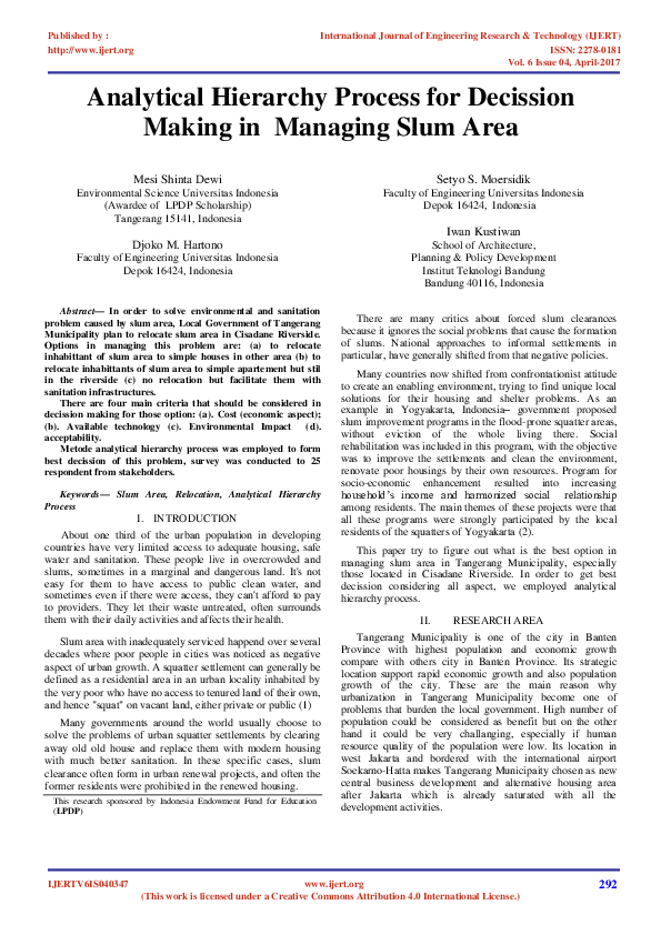(PDF) Analytical Hierarchy Process for Decission Making in Managing Slum Area