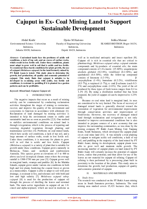 (PDF) Cajuput in Ex- Coal Mining Land to Support Sustainable ...