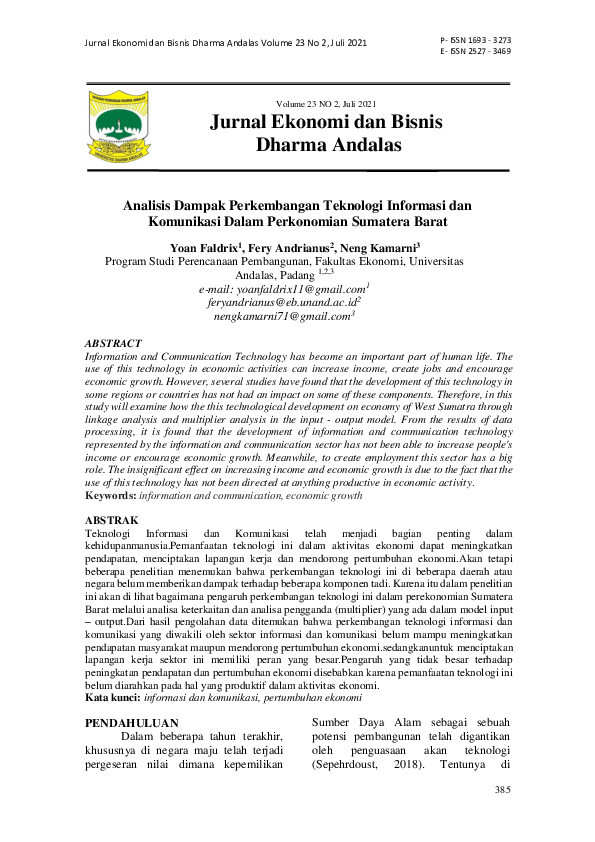 (PDF) Analisis Dampak Perkembangan Teknologi Informasi dan Komunikasi Dalam Perkonomian Sumatera ...