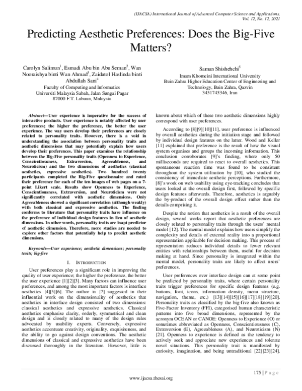 (PDF) Predicting Aesthetic Preferences: Does the Big-Five Matters?