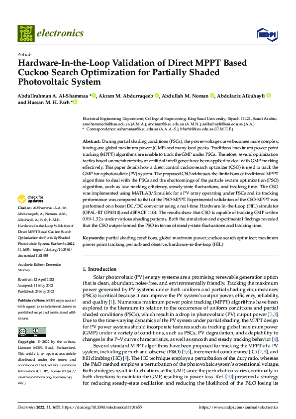 Pdf Hardware In The Loop Validation Of Direct Mppt Based Cuckoo Search Optimization For