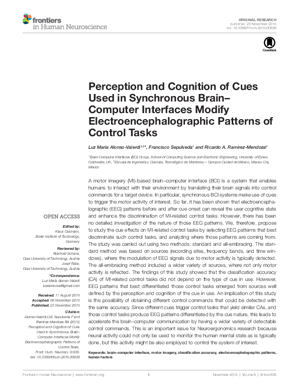 Pdf Perception And Cognition Of Cues Used In Synchronous Brain Computer Interfaces Modify