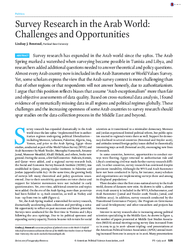 (PDF) Survey Research in the Arab World: Challenges and Opportunities