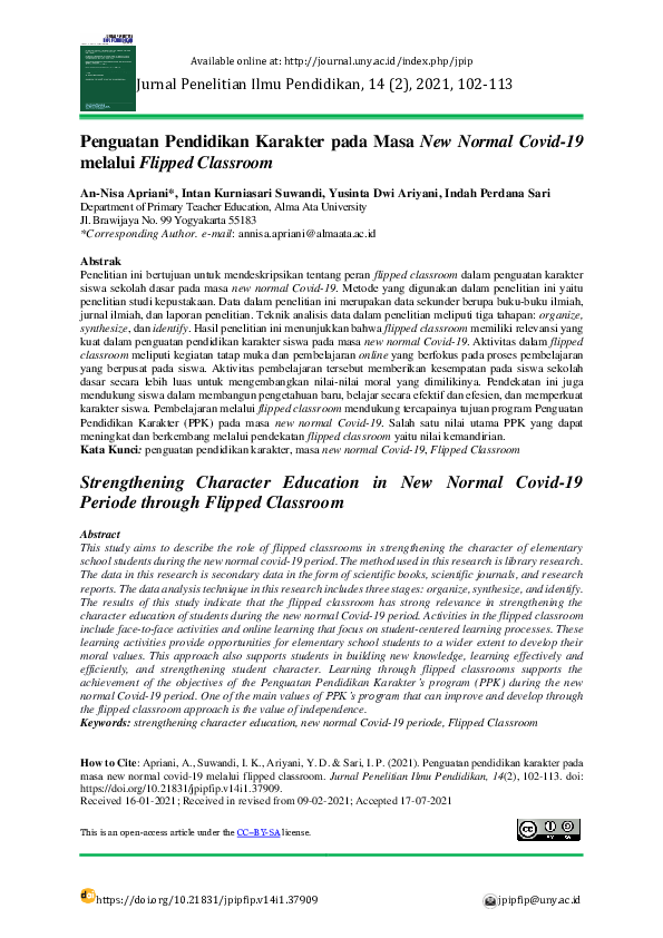 (PDF) Penguatan Pendidikan Karakter pada Masa New Normal Covid-19 melalui Flipped Classroom