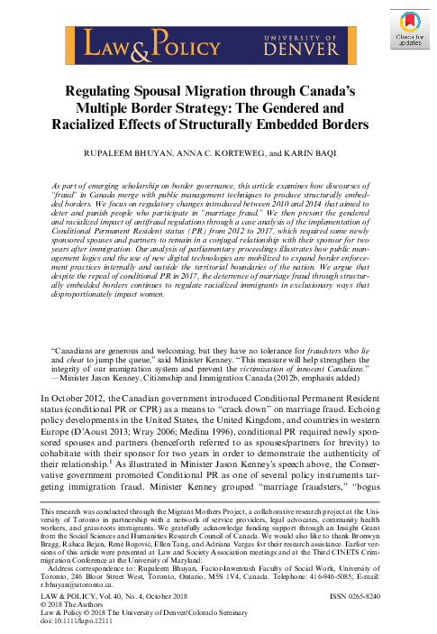 (PDF) Regulating Spousal Migration through Canada's Multiple Border ...