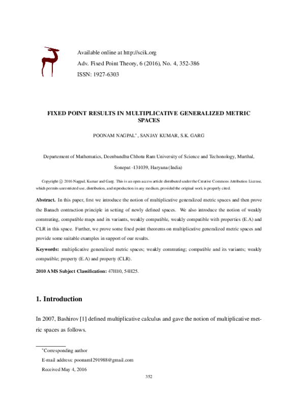 Pdf Fixed Point Results In Multiplicative Generalized Metric Spaces