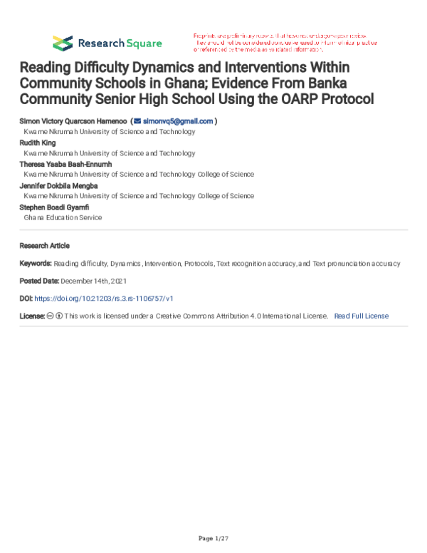 (PDF) Reading Difficulty Dynamics and Interventions Within Community ...