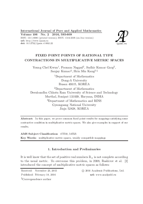 Pdf Fixed Point Points Of Rational Type Contractions In Multiplicative Metric Spaces