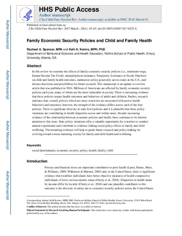 (PDF) Family Economic Security Policies and Child and Family Health