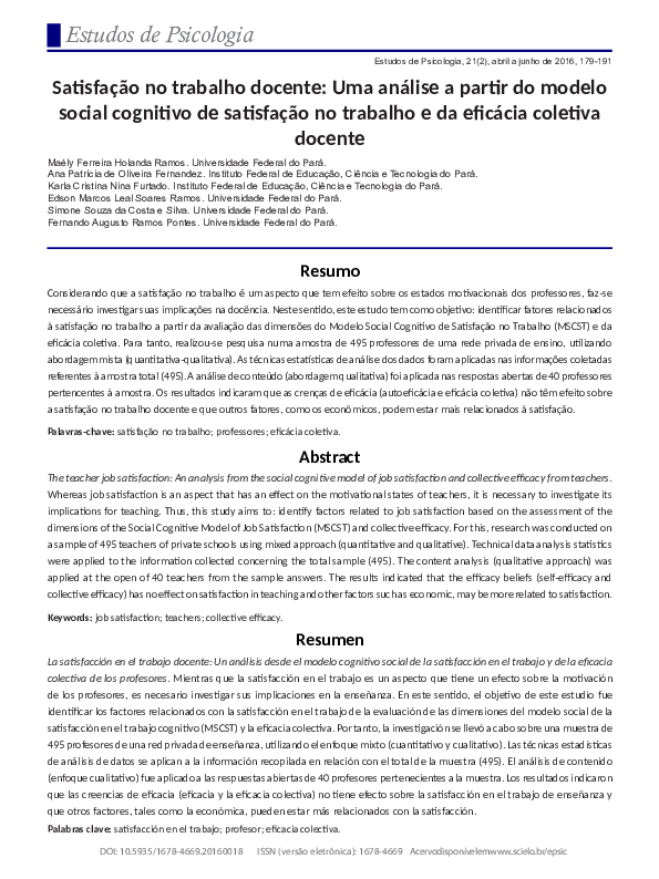 (PDF) Satisfação no trabalho docente: Uma análise a partir do modelo ...
