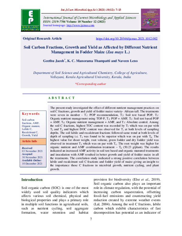 (PDF) Soil Carbon Fractions, Growth and Yield as Affected by Different ...