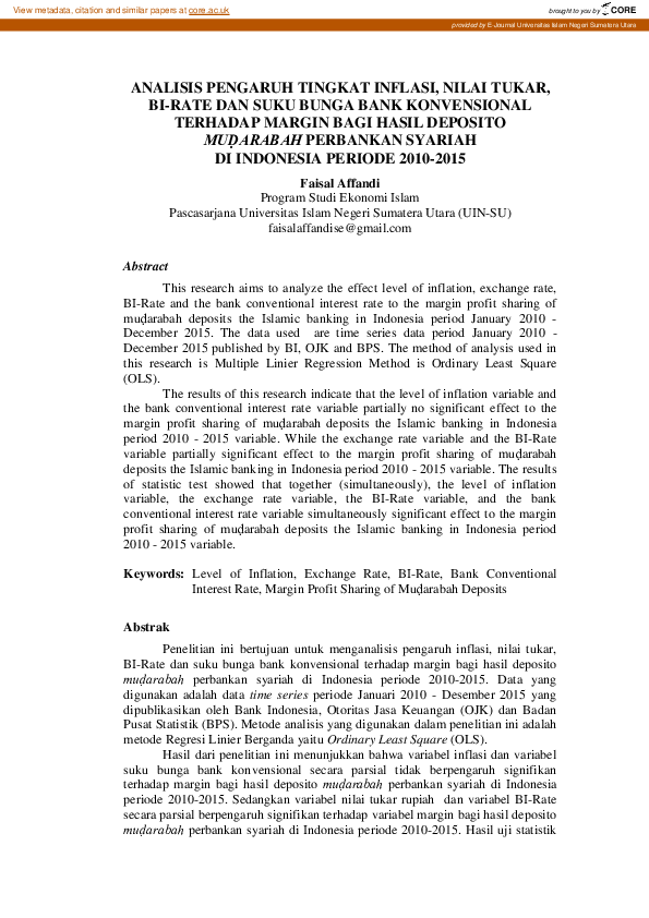 (PDF) Analisis Pengaruh Tingkat Inflasi, Nilai Tukar, Bi-Rate Dan Suku Bunga Bank Konvensional ...
