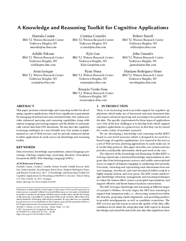 (PDF) A knowledge and reasoning toolkit for cognitive applications