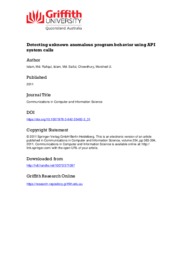 Pdf Detecting Unknown Anomalous Program Behavior Using Api System 9554