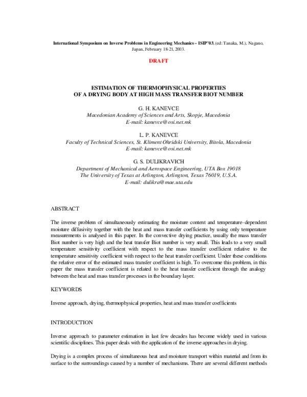 (PDF) Estimation of Thermophysical Properties of a Drying Body at High Mass Transfer Biot Number