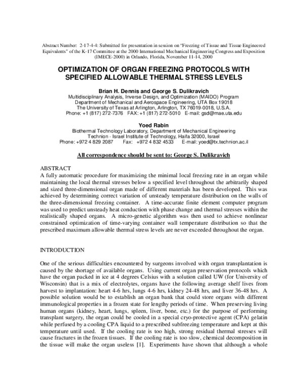 (PDF) Optimization of Organ Freezing Protocols With Specified Allowable ...