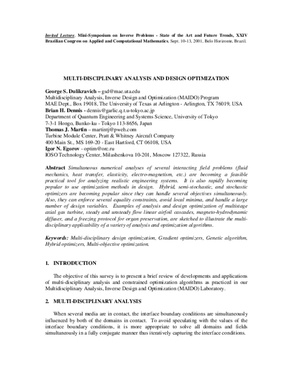 (PDF) Multi-Disciplinary Analysis and Design Optimization