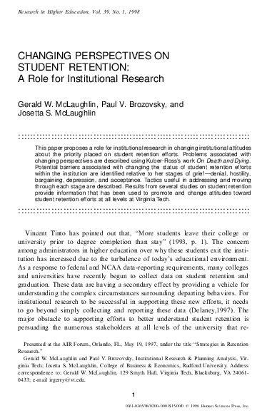 (PDF) CHANGING PERSPECTIVES ON STUDENT RETENTION: A Role for Institutional Research