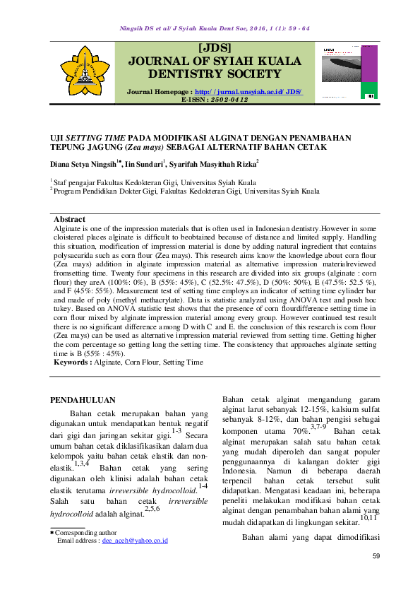 (PDF) [JDS] JOURNAL OF SYIAH KUALA DENTISTRY SOCIETY UJI SETTING TIME PADA MODIFIKASI ALGINAT ...