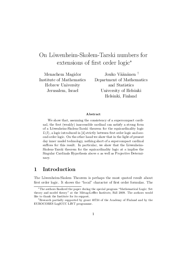 (PDF) On Löwenheim–Skolem–Tarski Numbers for Extensions of First Order ...