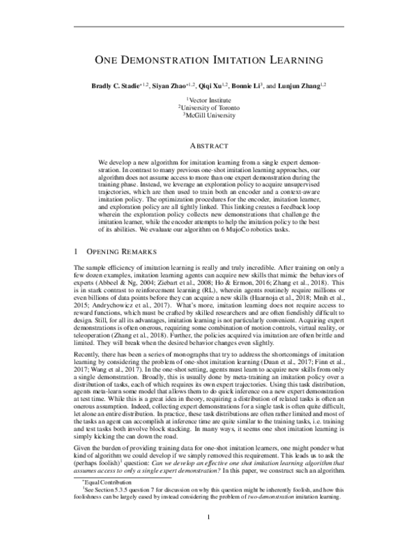 (PDF) One Demonstration Imitation Learning