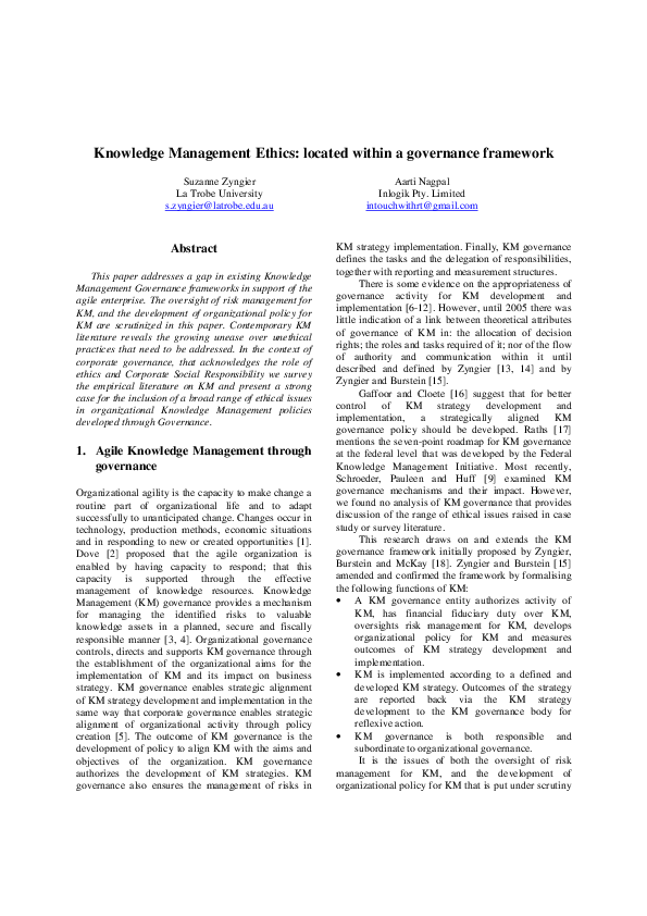 Knowledge Management Ethics: Located within a Governance Framework
