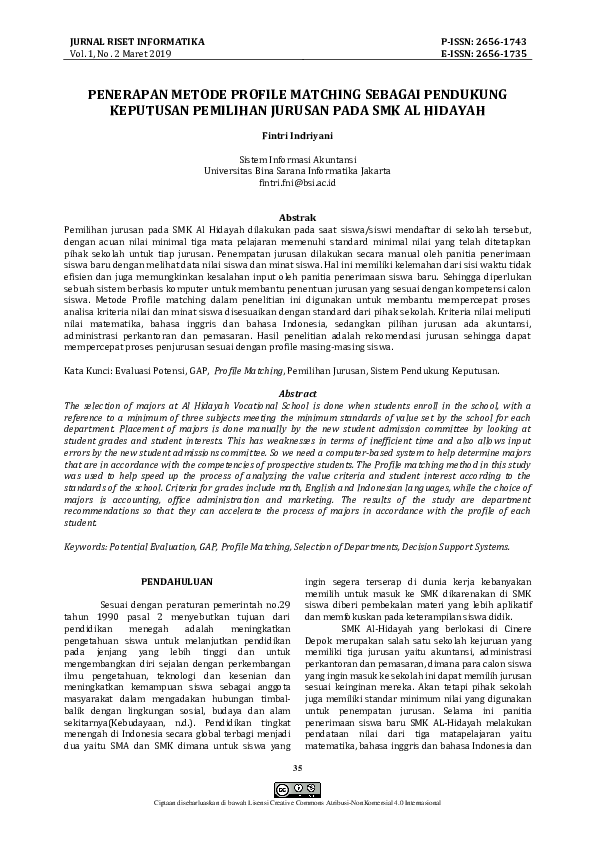 (PDF) Penerapan Metode Profile Matching Sebagai Pendukung Keputusan Pemilihan Jurusan Pada SMK ...