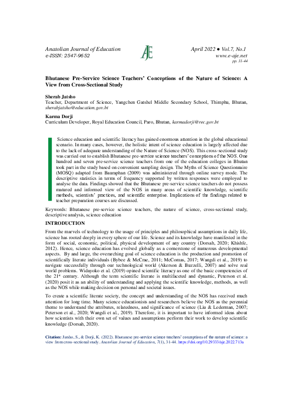 (PDF) Bhutanese Pre-Service Science Teachers’ Conceptions of the Nature of Science: A View from ...