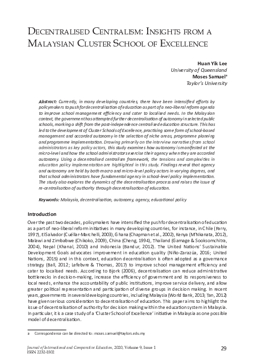 (PDF) Decentralised Centralism: Insights from a Malaysian Cluster ...