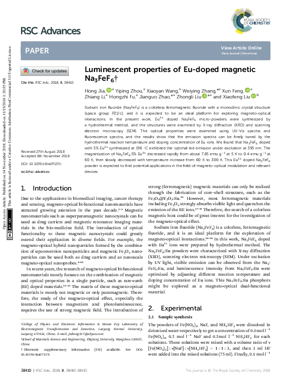 (PDF) Luminescent properties of Eu-doped magnetic Na3FeF6