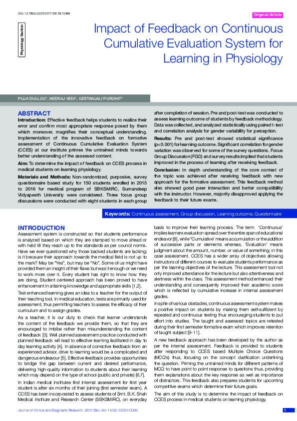 (PDF) Impact of Feedback on Continuous Cumulative Evaluation System for ...