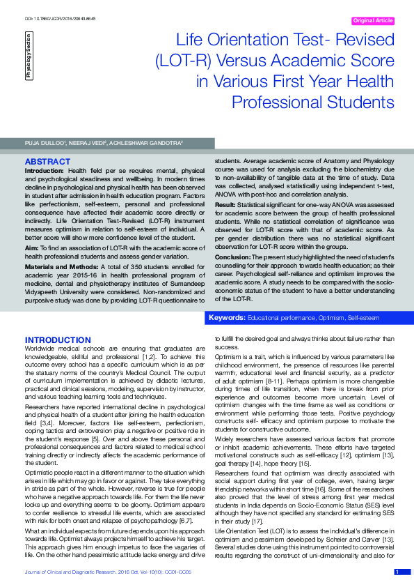 (PDF) Life Orientation Test- Revised (LOT-R) Versus Academic Score in ...