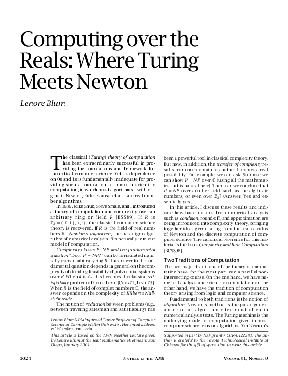 (PDF) Computing over the Reals: Where Turing Meets Newton