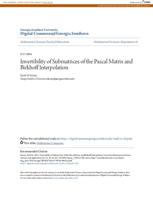 Pdf Invertibility Of Submatrices Of The Pascal Matrix And Birkhoff Interpolation
