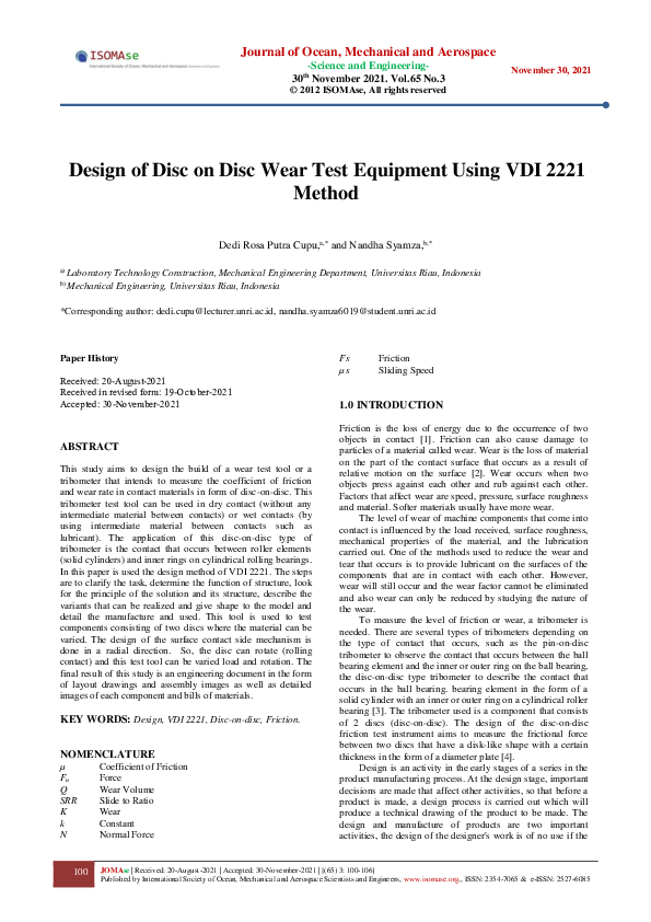 (PDF) Design of Disc on Disc Wear Test Equipment Using VDI 2221 Method ...