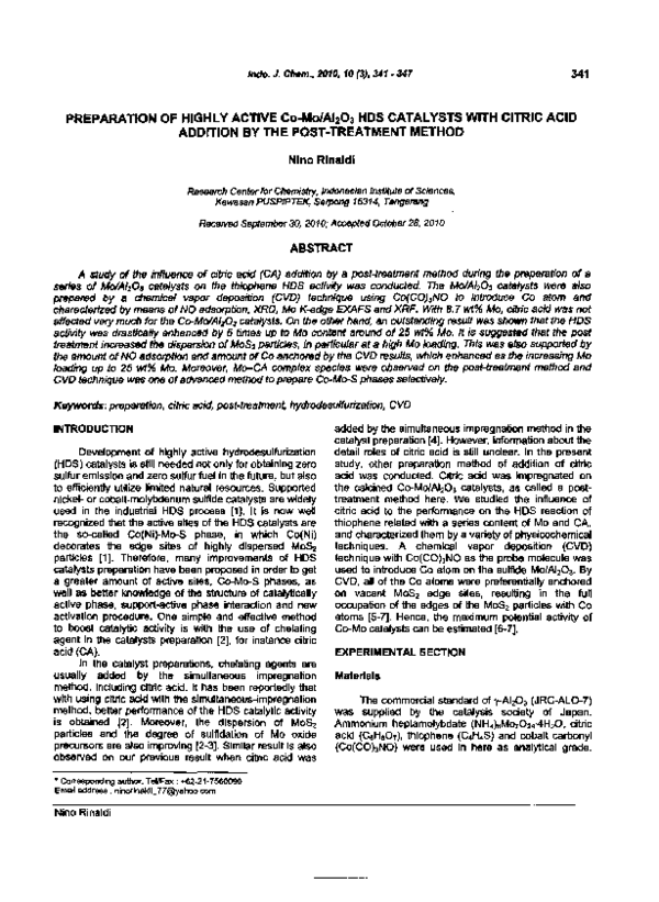 (PDF) PREPARATION OF HIGHLYACTIVE Co-Mo/AI203 HDS CATALYSTS WITH CITRIC ...