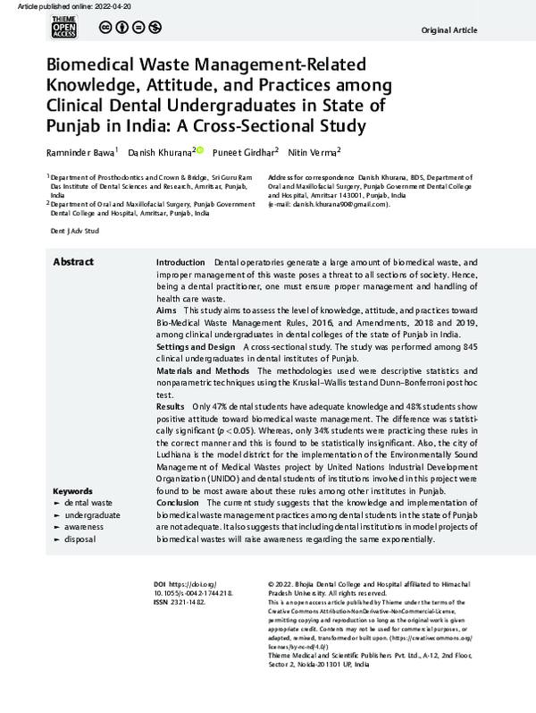 (PDF) Biomedical Waste Management-Related Knowledge, Attitude, and Practices among Clinical ...