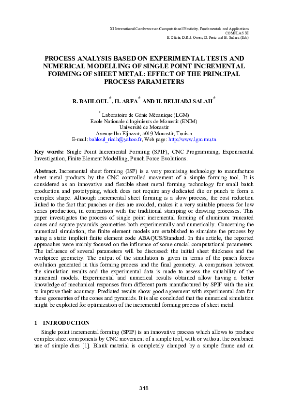 Pdf Process Analysis Based On Experimental Tests And Numerical Modelling Of Single Point