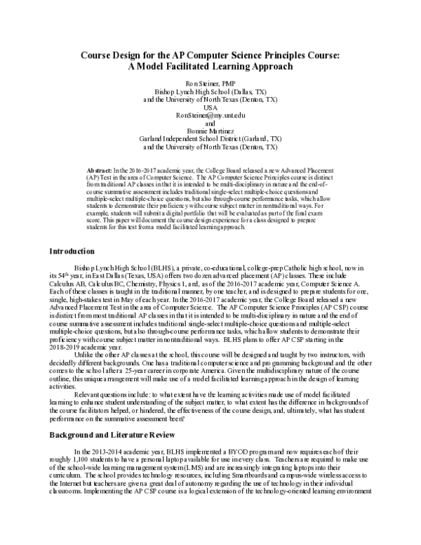(PDF) Course Design for the AP Computer Science Principles Course: A Model Facilitated Learning ...